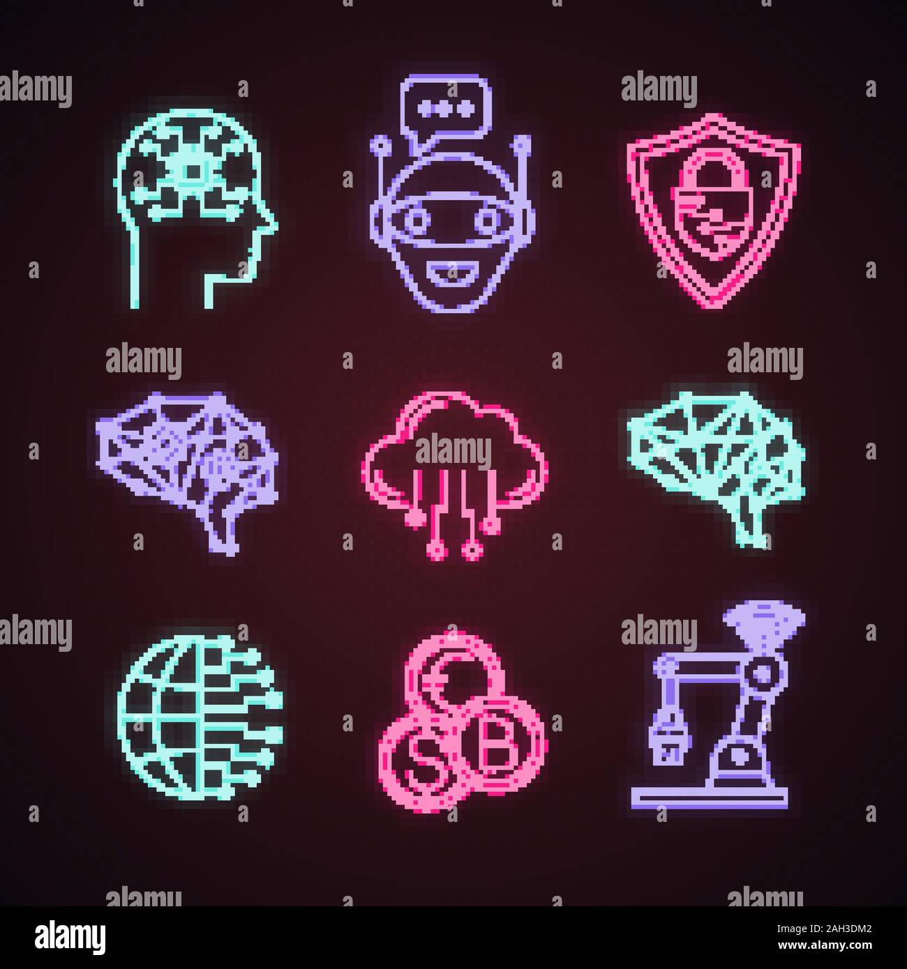 Artificial intelligence neon light icons set. AI. Chat bot ...