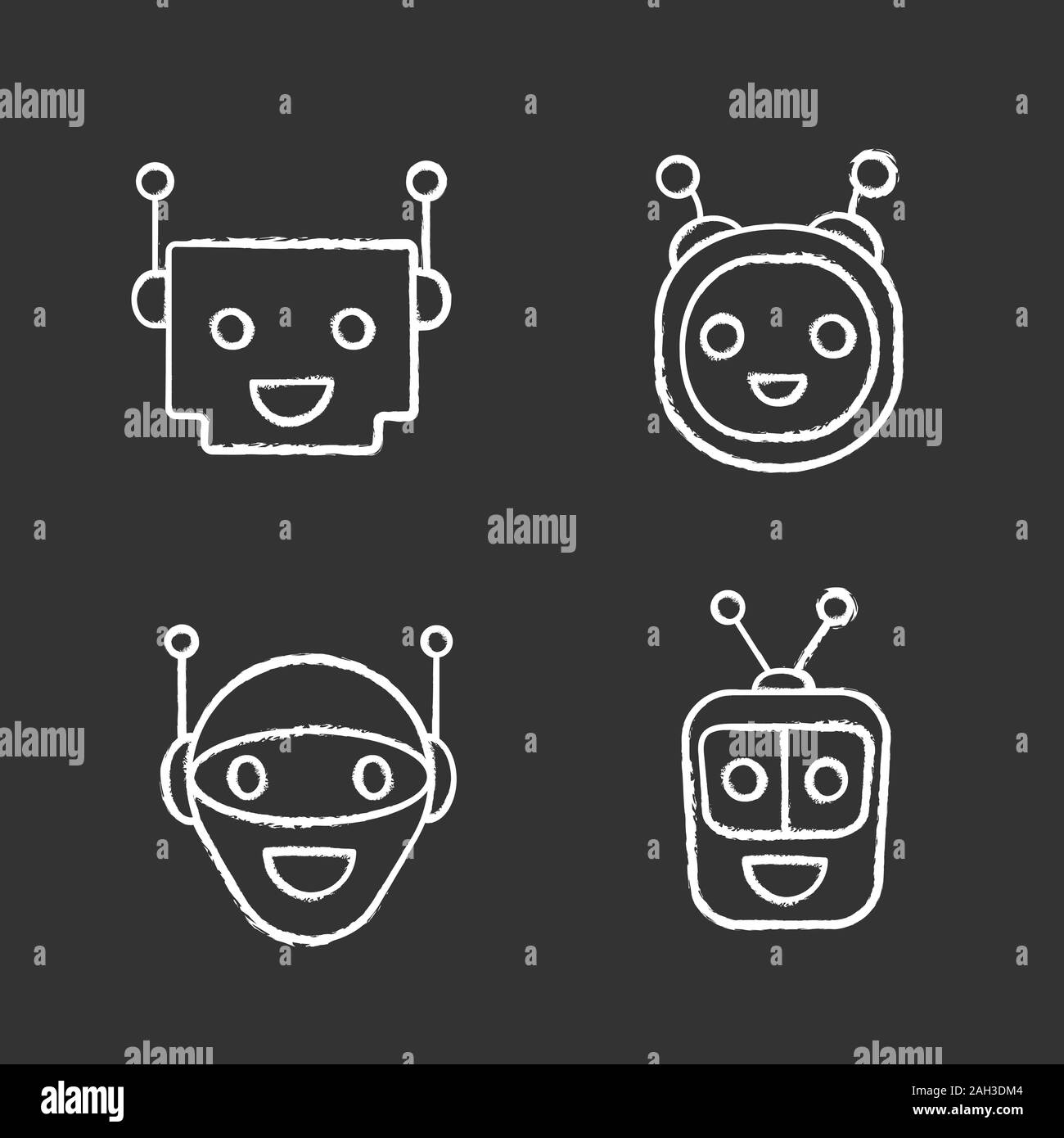 Chatbots chalk icons set. Talkbots. Laughing virtual assistants collection. Modern robots ...