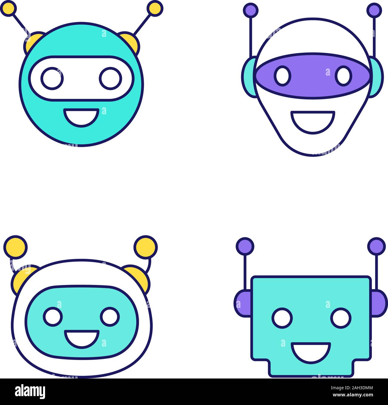Chatbots color icons set. Talkbots. Laughing virtual assistants ...