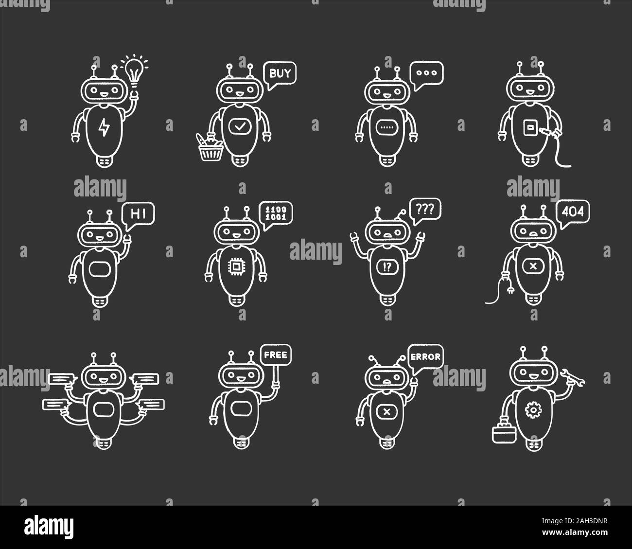 Chatbots chalk icons set. Virtual assistants. Talkbots. Chat, error ...