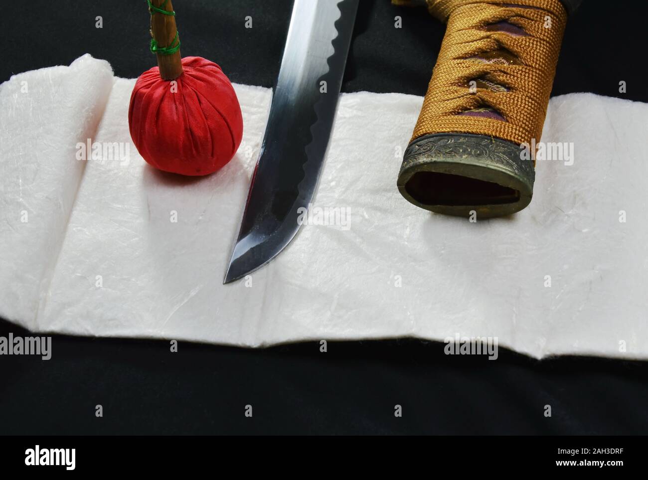 Katana Japanese sword blade and scabbard with red compress for cleaning ...