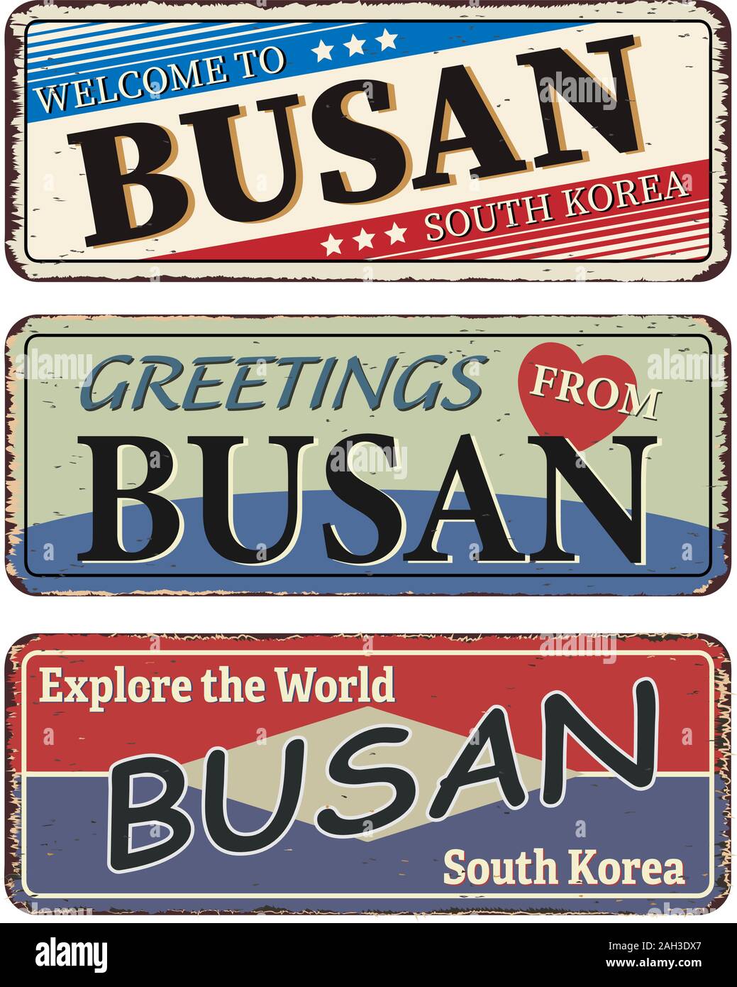 Busan blue square grunge welcome to rusty metal signs set Stock Vector ...