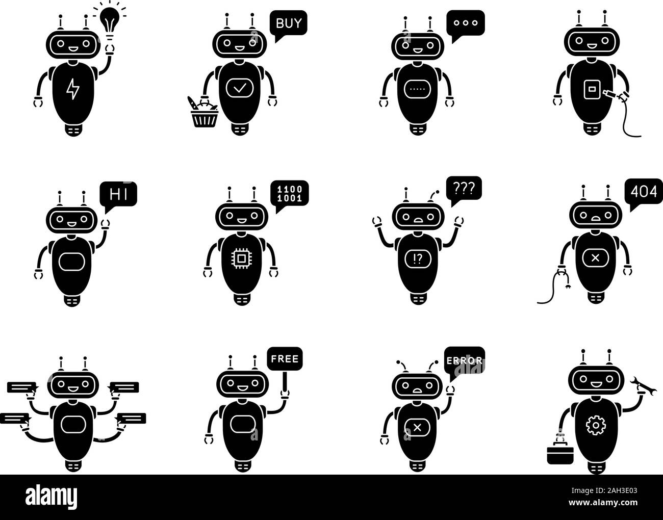 Chatbots glyph icons set. Virtual assistants. Talkbots. Chat, error ...