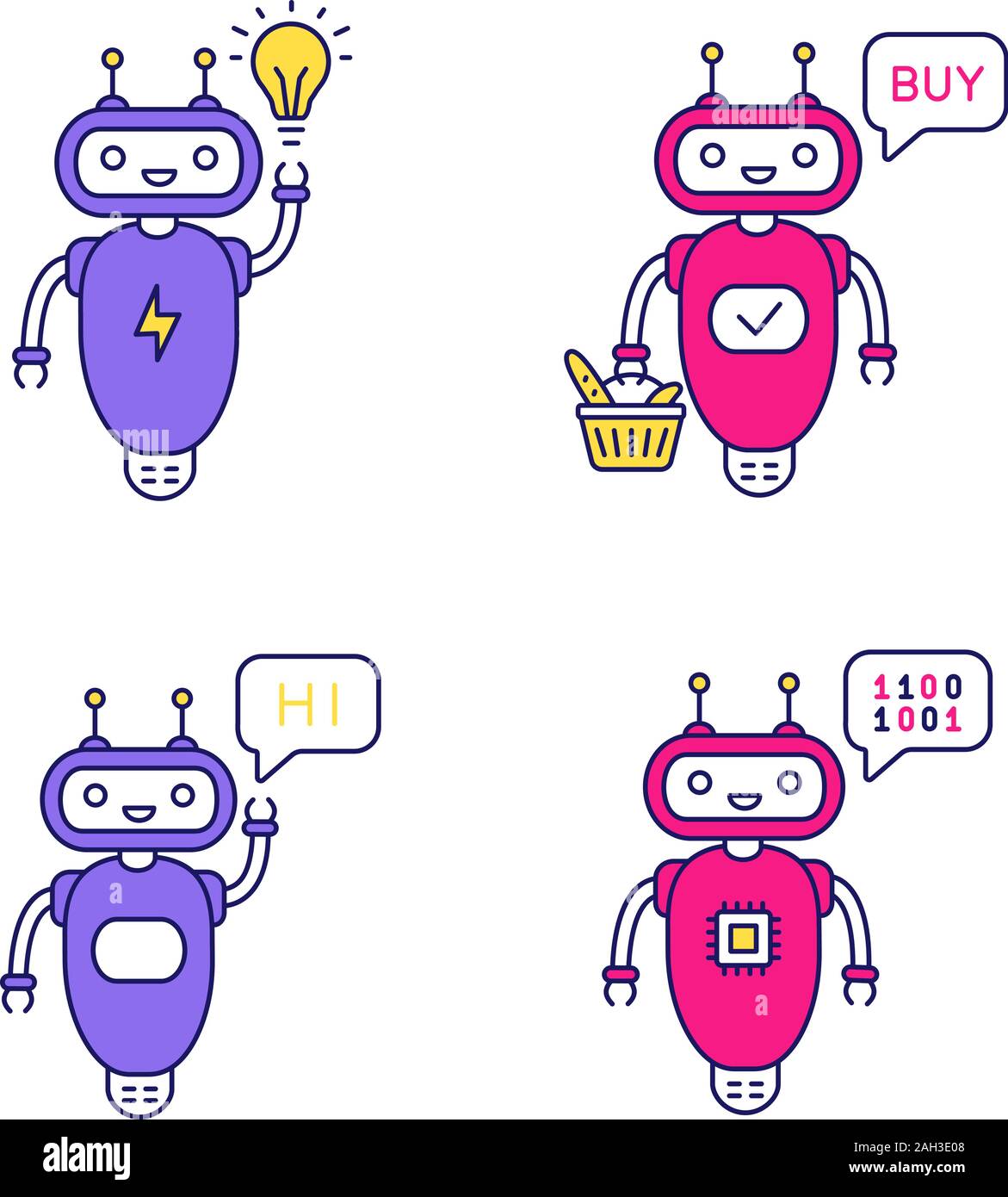 Chatbots color icons set. Talkbots. Virtual assistants. New idea, buy ...