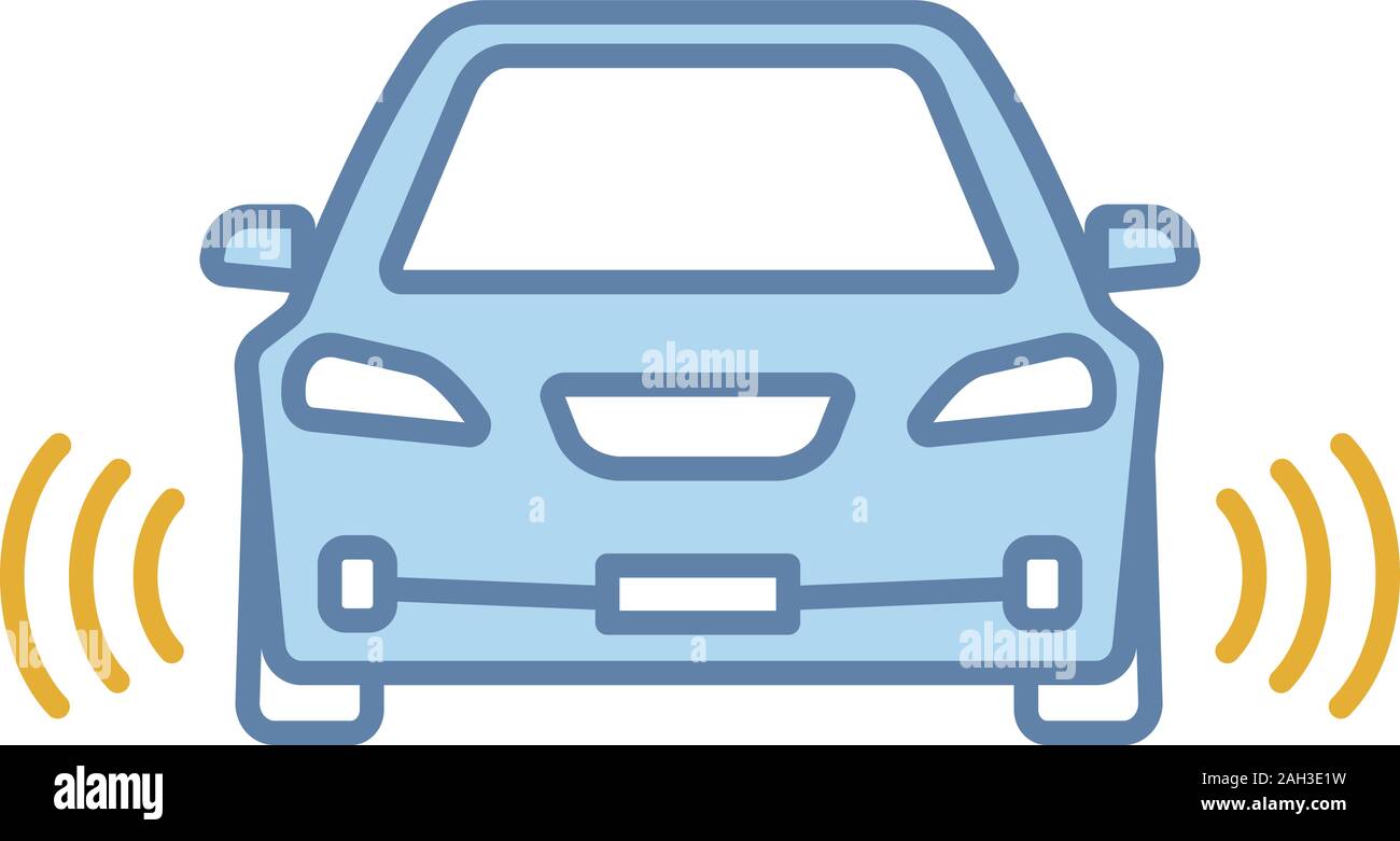 Smart car in front view color icon. NFC auto with radar sensors ...