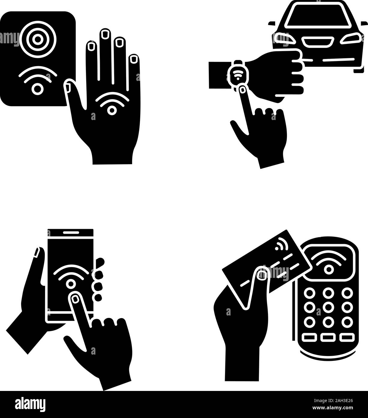 NFC technology glyph icons set. Near field smartphone, car and bracelet ...