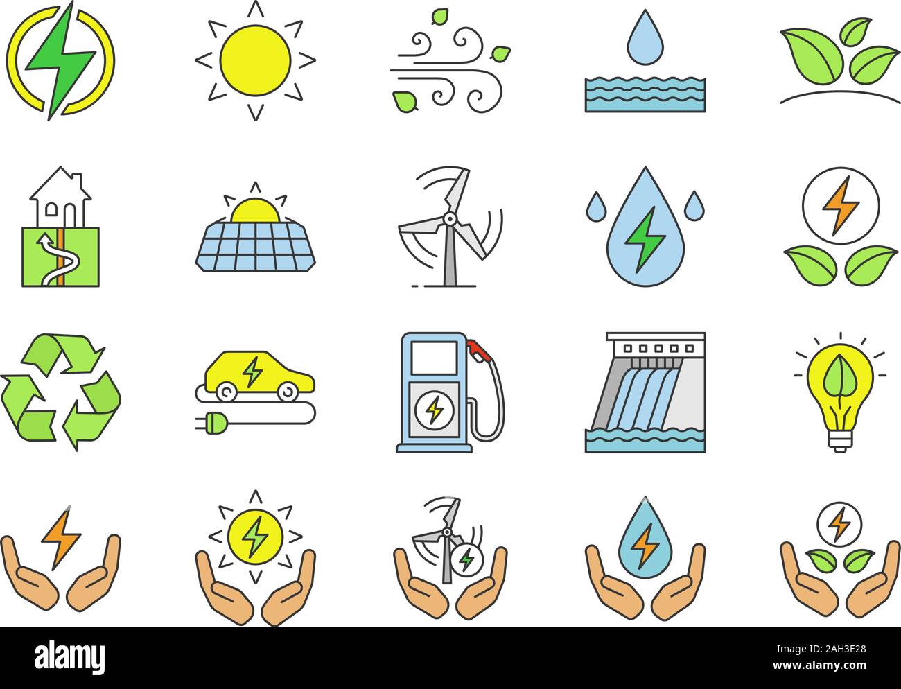 Alternative energy sources color icons set. Eco power. Renewable ...