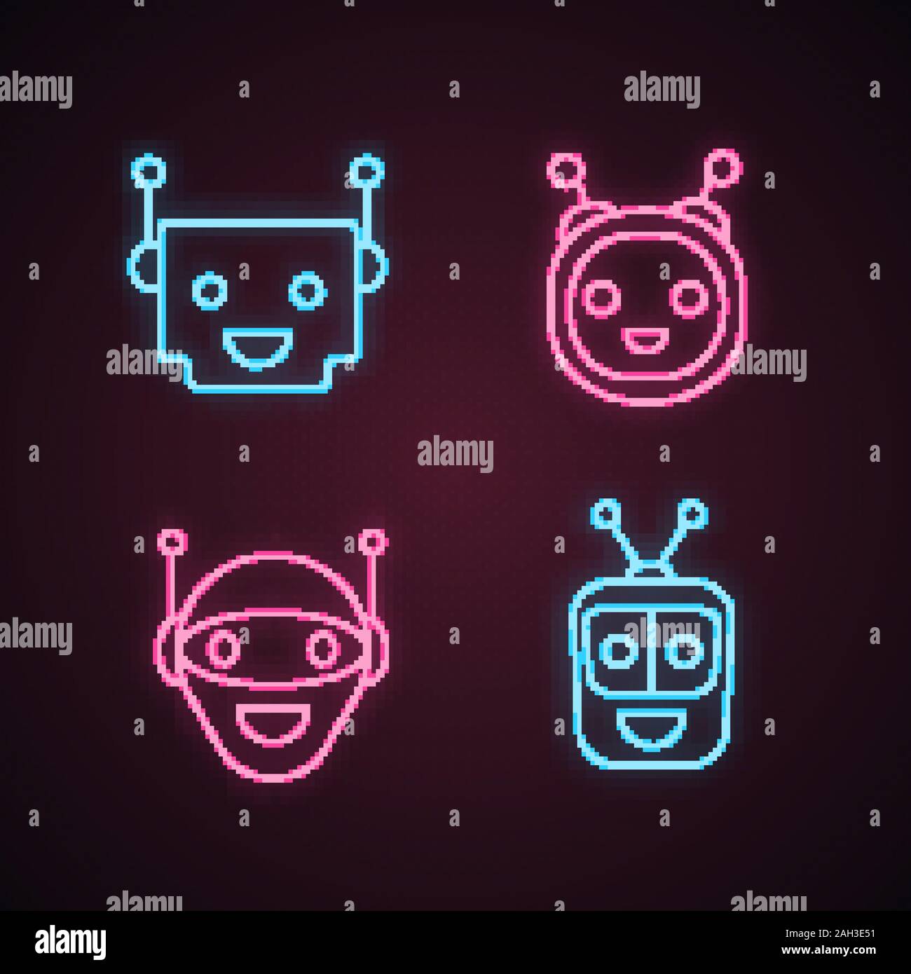 Chatbots neon light icons set. Talkbots. Laughing virtual assistants ...