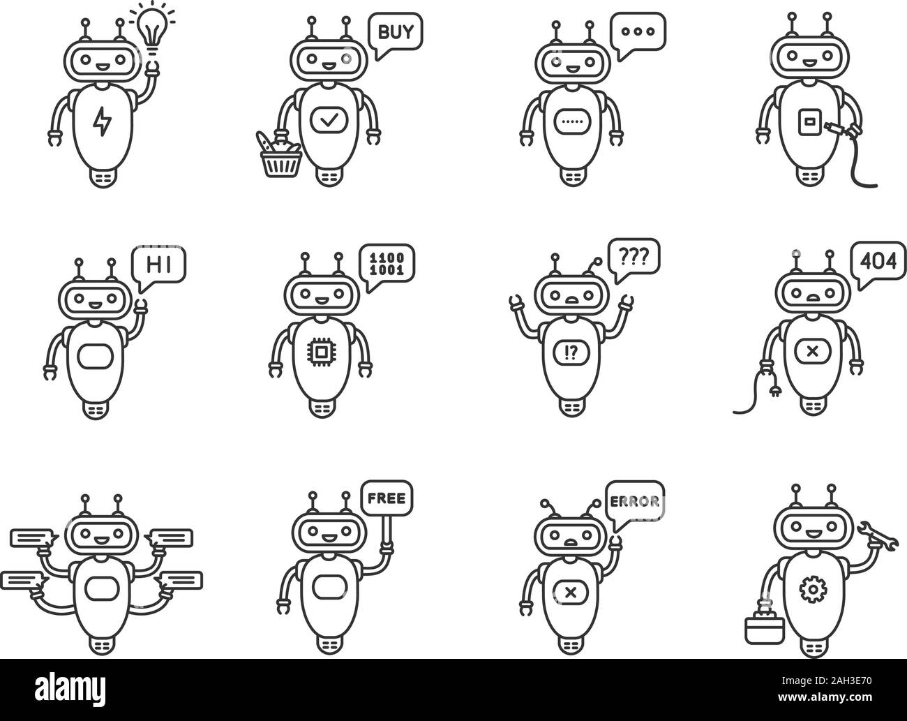 Chatbots linear icons set. Virtual assistants. Talkbots. Chat, error ...