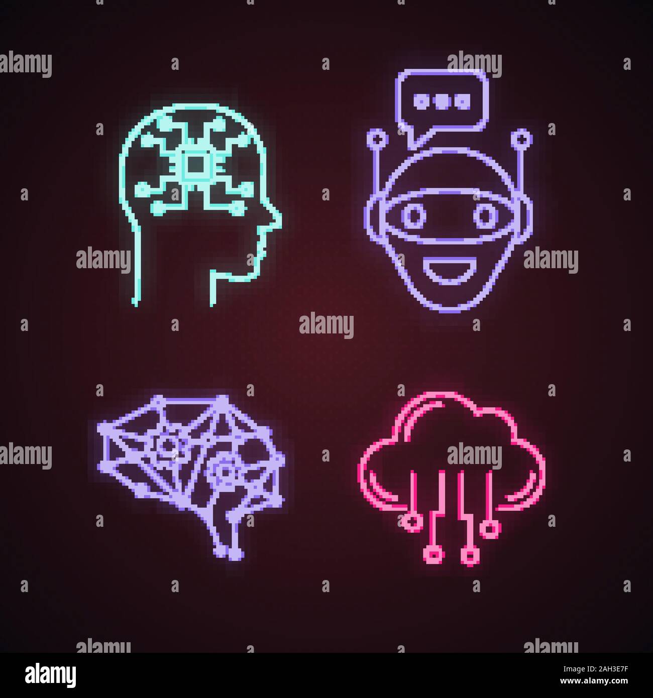 Artificial intelligence neon light icons set. Neural network Neurotechnology. Chat bot, ai ...