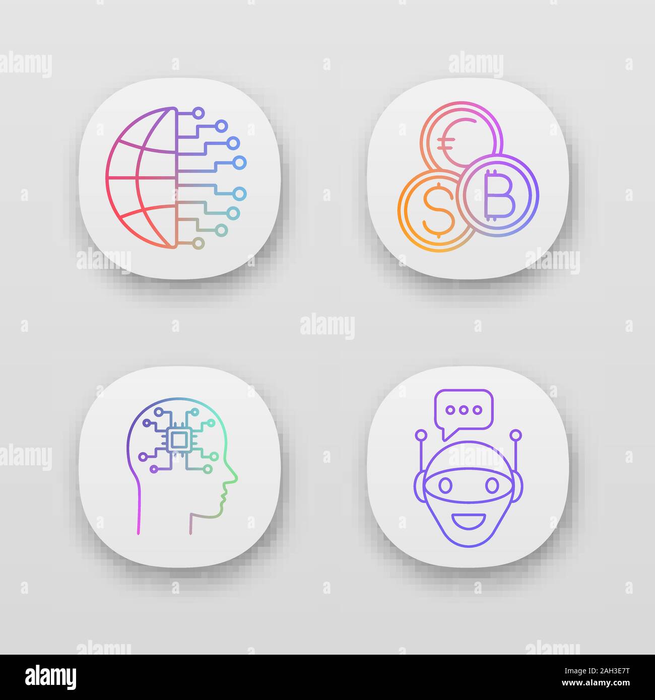 Artificial intelligence app icons set. UI/UX user interface. Big data, currency exchange, robot ...