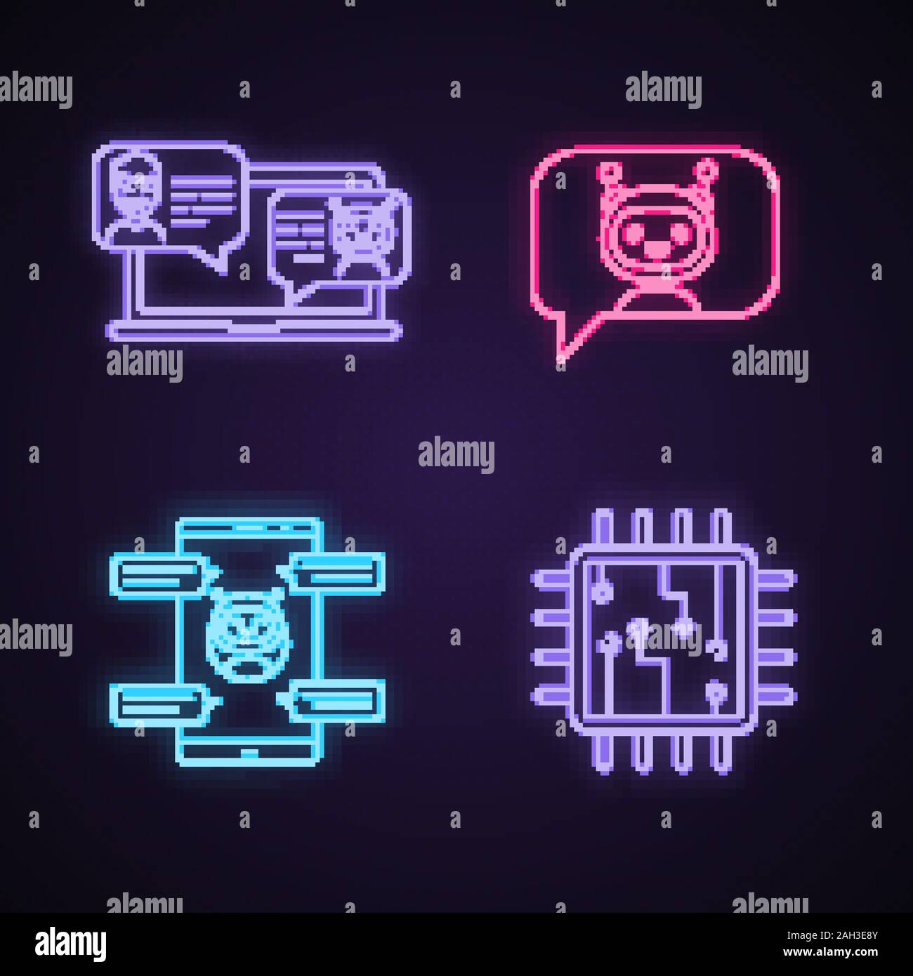 Chatbots neon light icons set. Virtual assistants. Messenger and chat ...