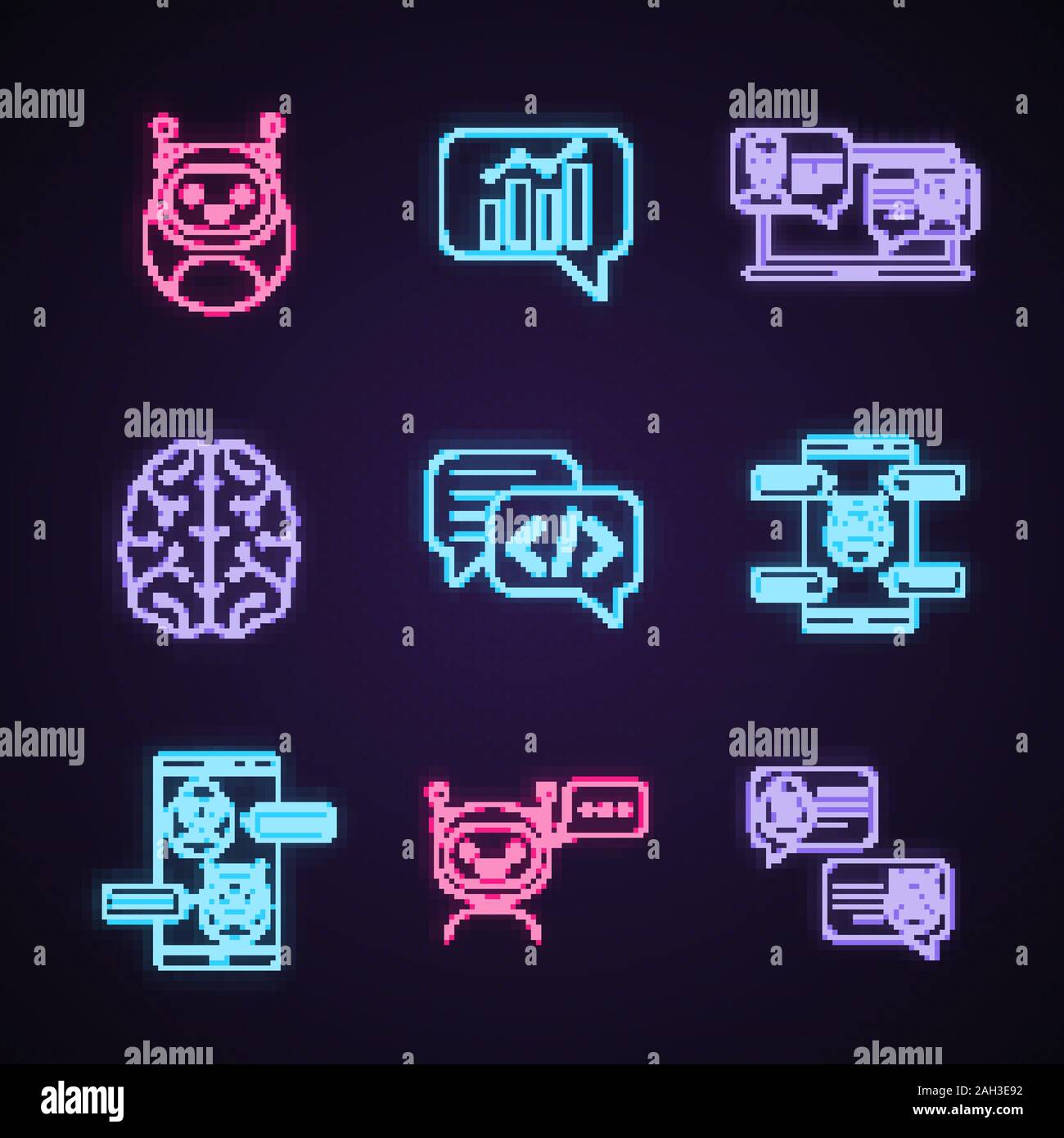Chatbots neon light icons set. Talkbots. Graph, support, code ...