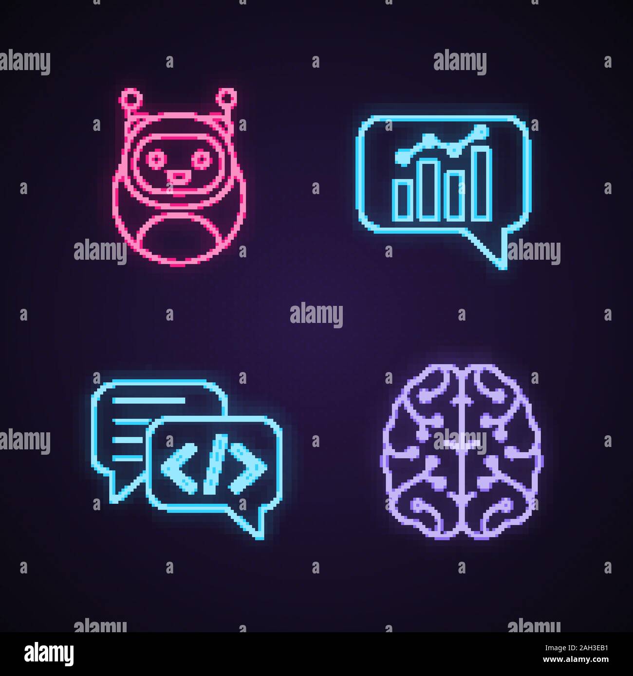 Chatbots neon light icons set. Virtual assistants. Code, statistics ...