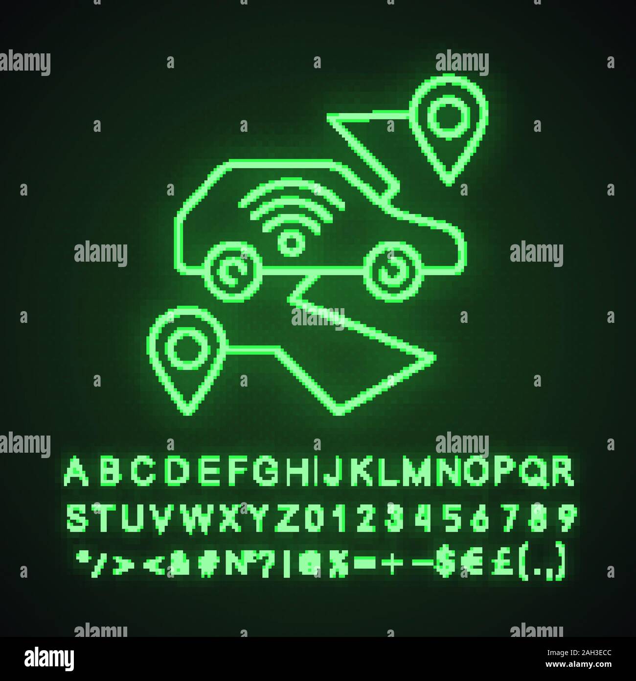 Self driving car neon light icon. Smart navigation. Setting pickup and ...