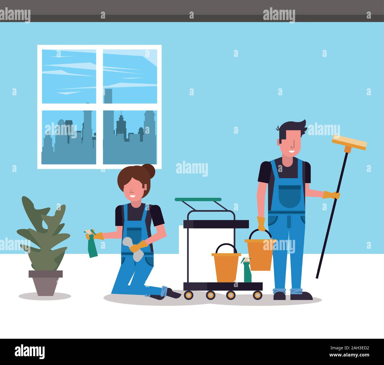 housekepping workers couple with equipment characters Stock Vector ...