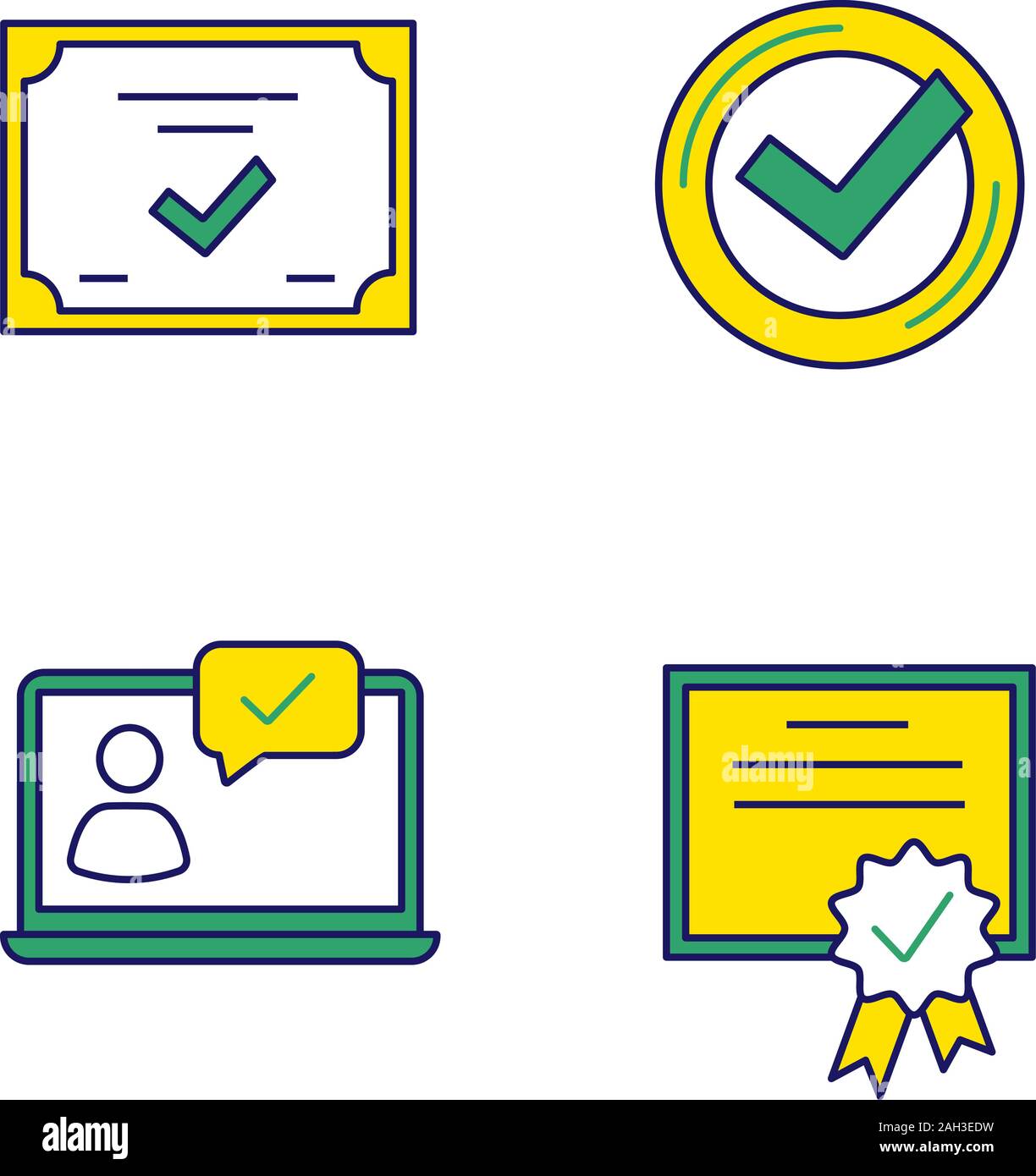 Approve color icons set. Verification and validation. Chat approved, certificate, check mark ...