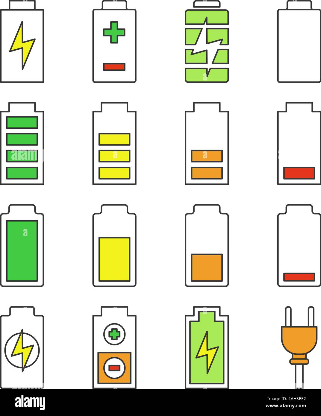 Battery charging color icons set. Battery level indicators. Low, middle ...