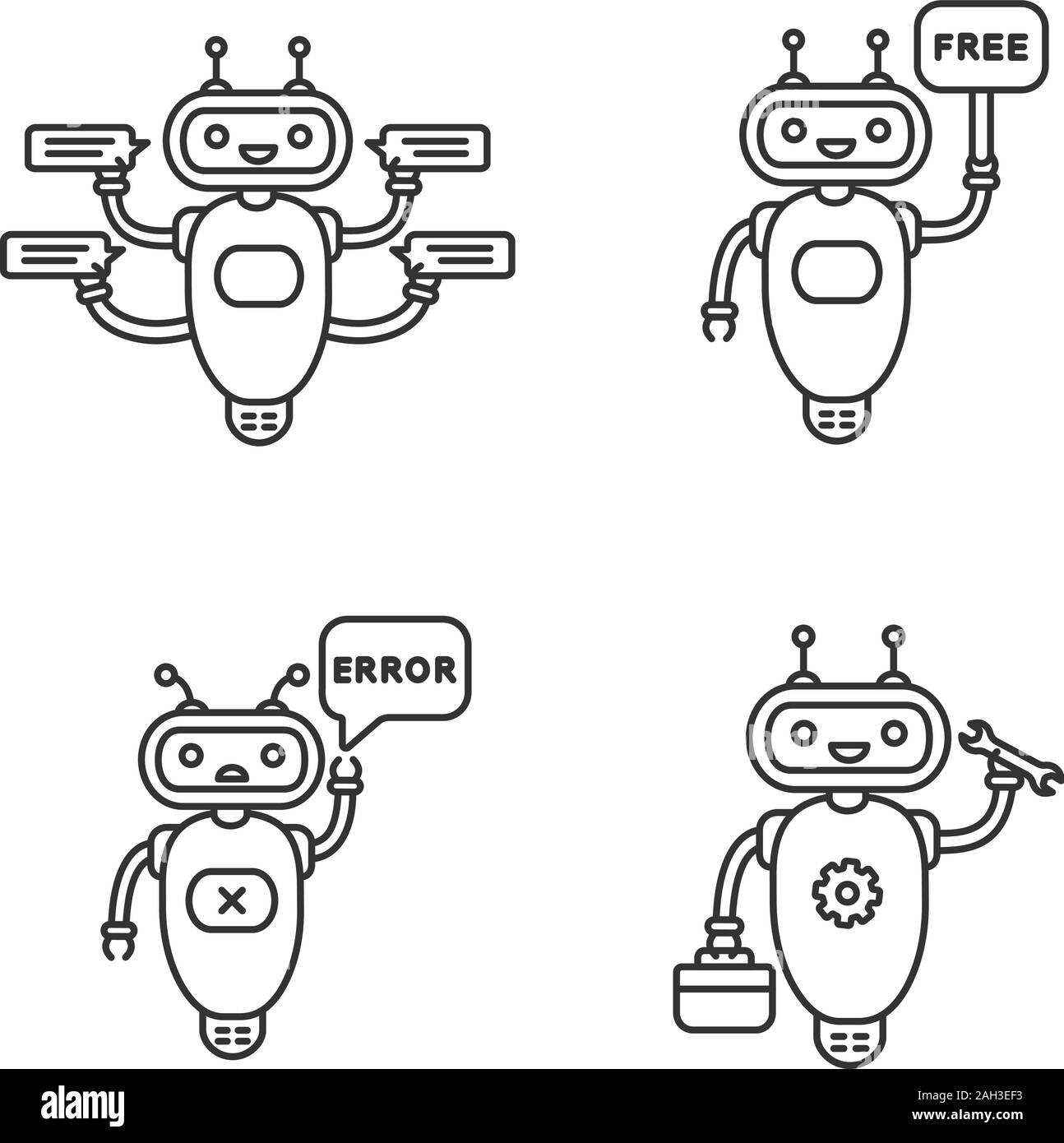 Chatbots linear icons set. Talkbot. Virtual assistants. Support service ...