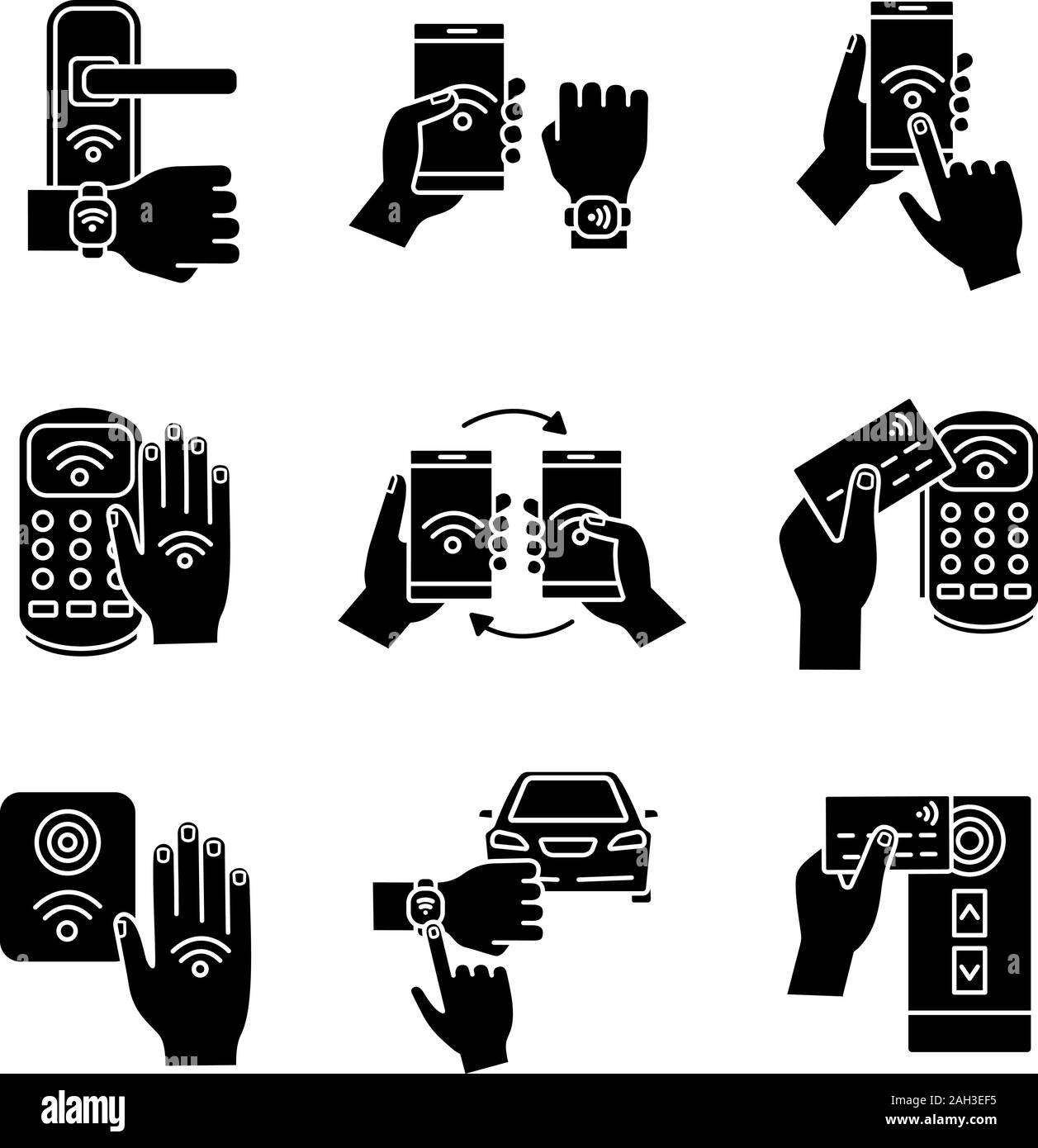 NFC technology glyph icons set. NFC bracelet, door lock, data transfer ...