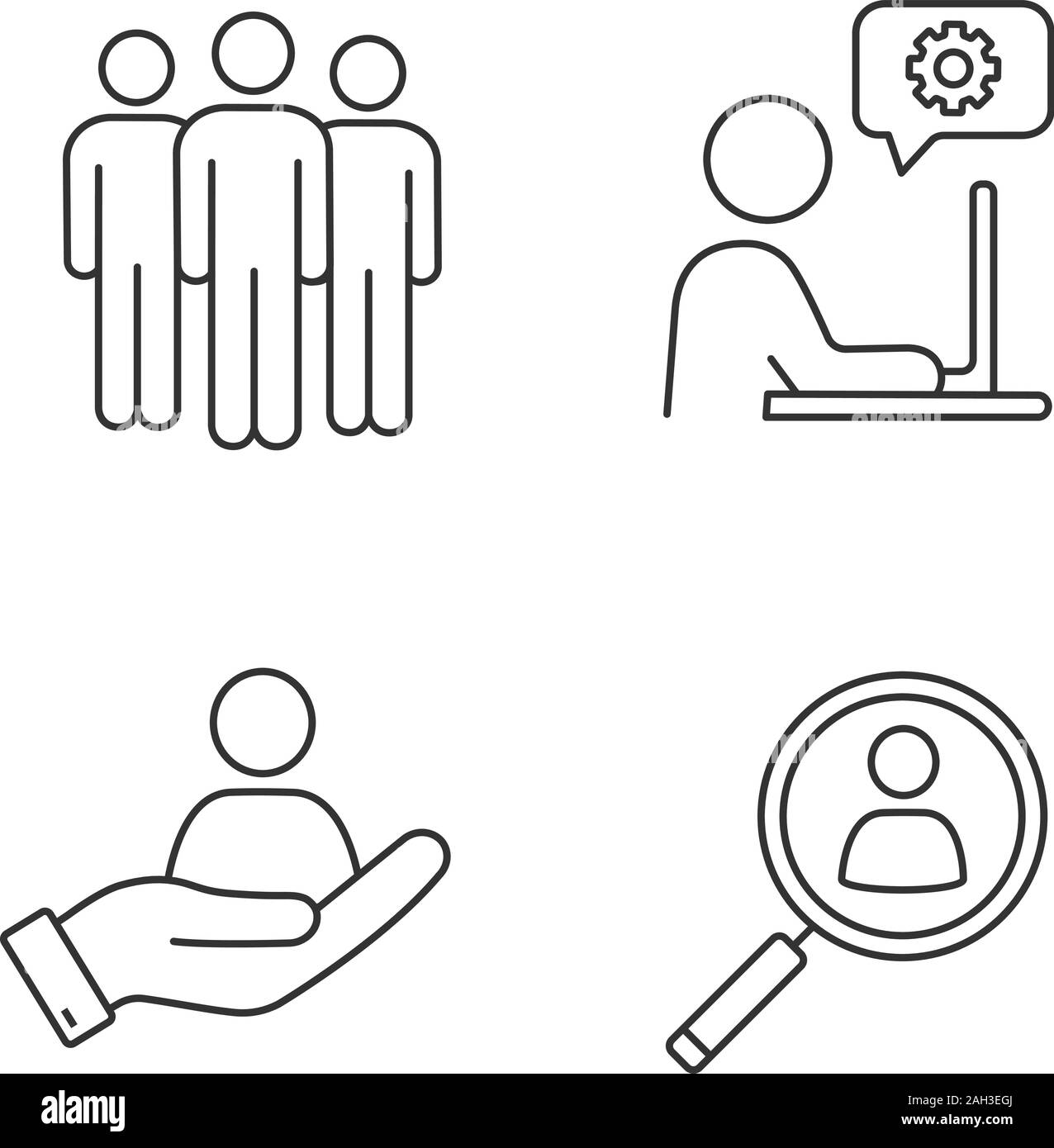 Business management linear icons set. Team, technical support, staff ...