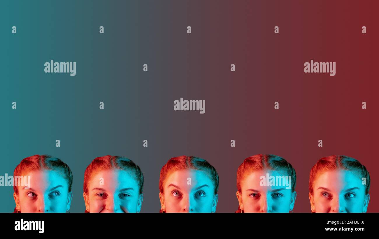 Different looks. Caucasian woman's portrait isolated on gradient studio ...