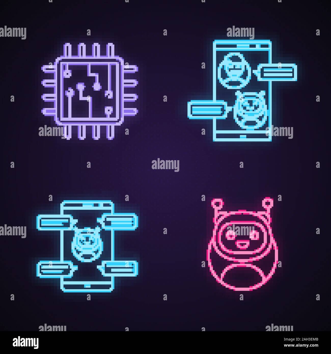 Chatbots neon light icons set. Virtual assistants. Messenger and chat ...