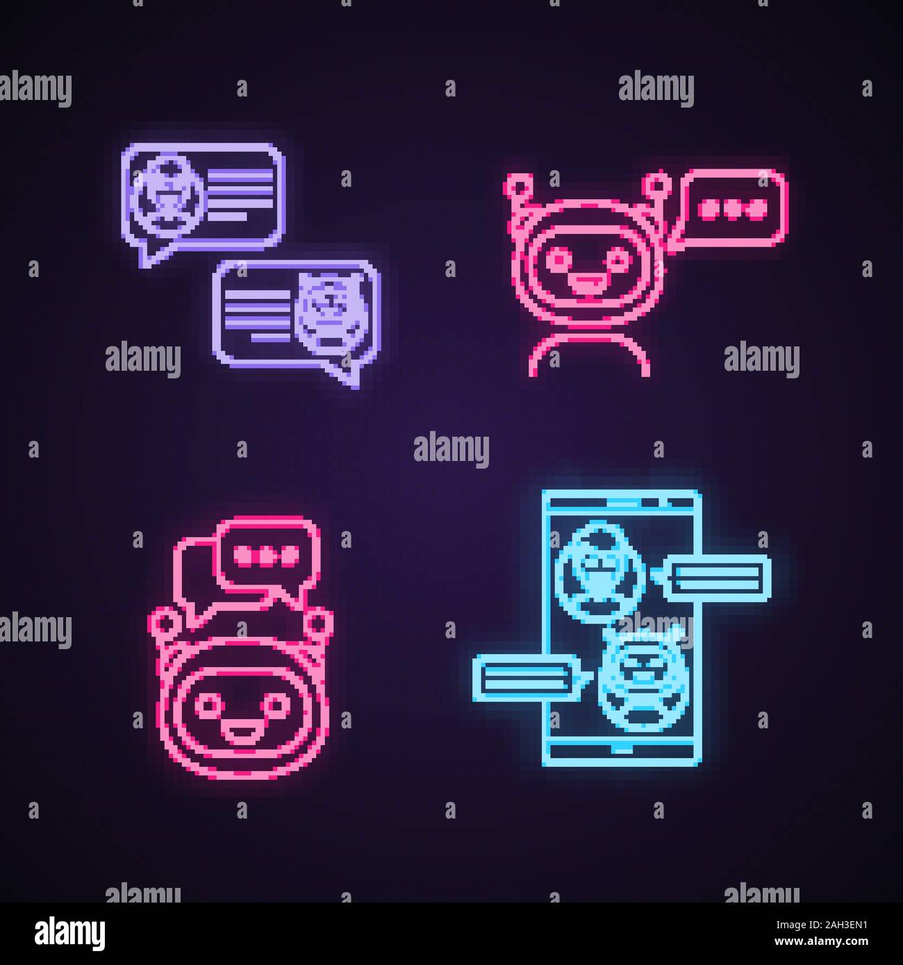 Chatbots neon light icons set. Virtual assistants. Messenger and chat ...