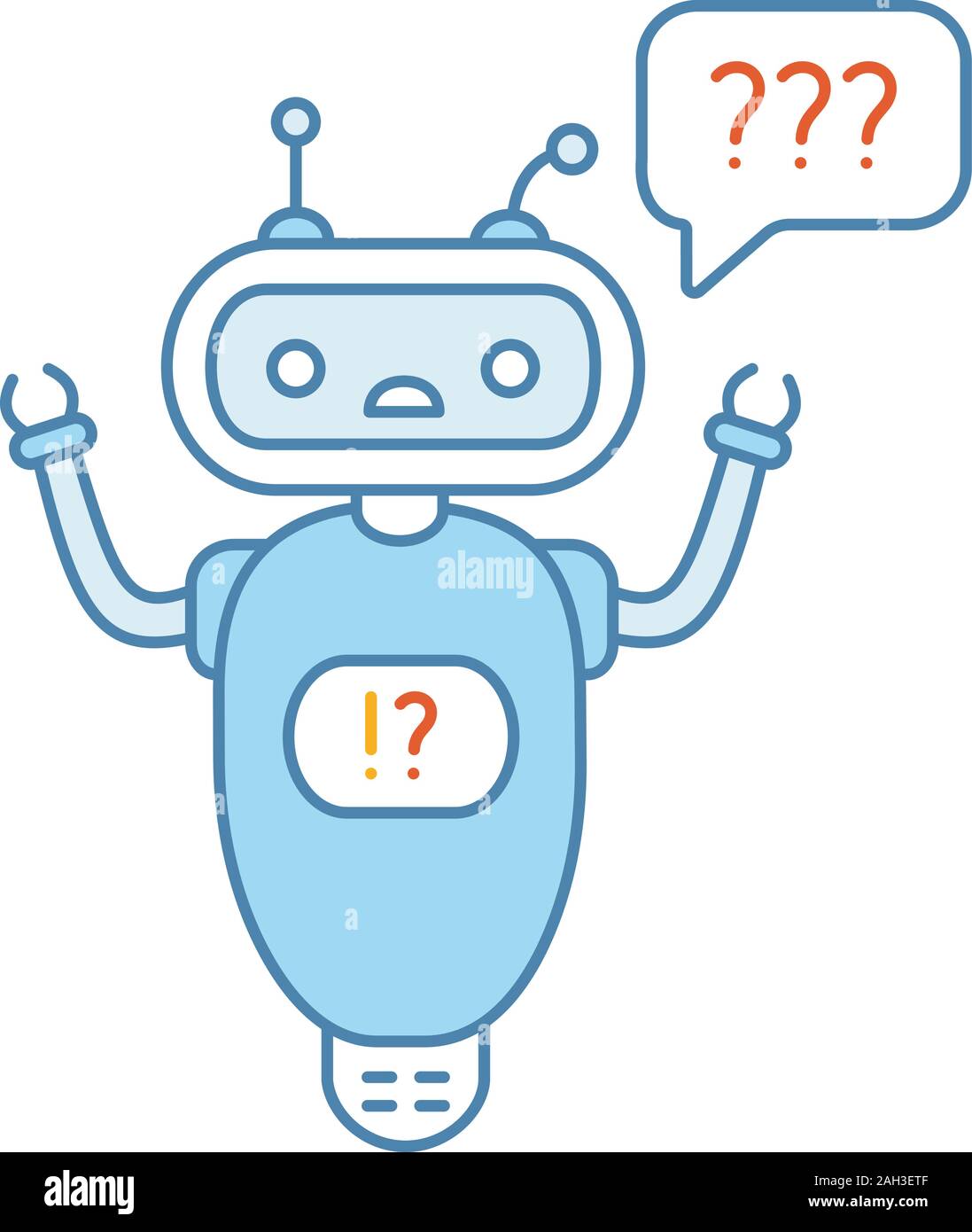 Help chatbot color icon. FAQ chat bot. Bewildered robot with question marks in speech bubble ...
