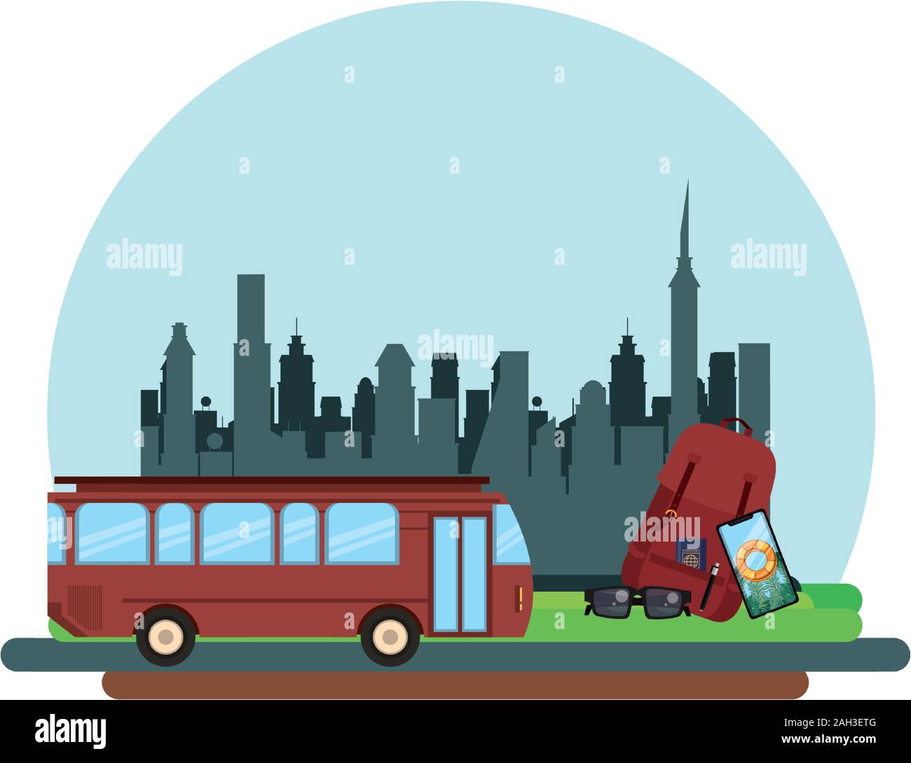 world travel scene with bus and icons Stock Vector Image & Art - Alamy