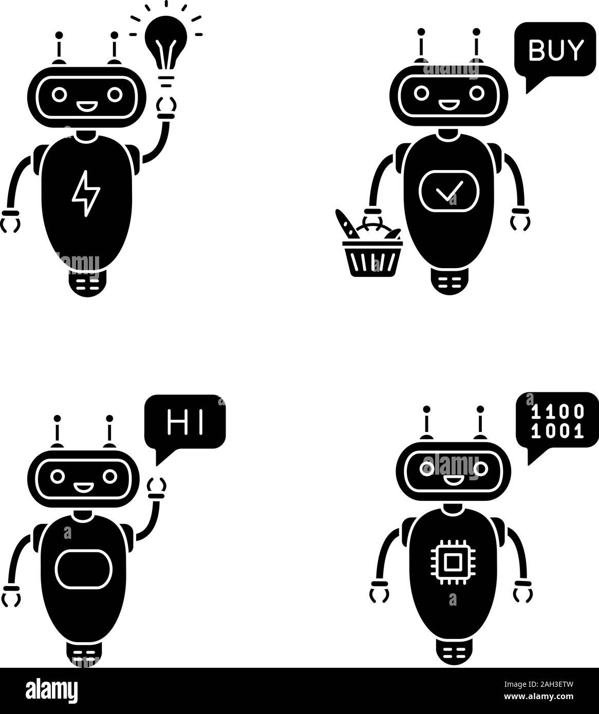 Chatbots glyph icons set. Talkbots. Virtual assistants. New idea, buy ...