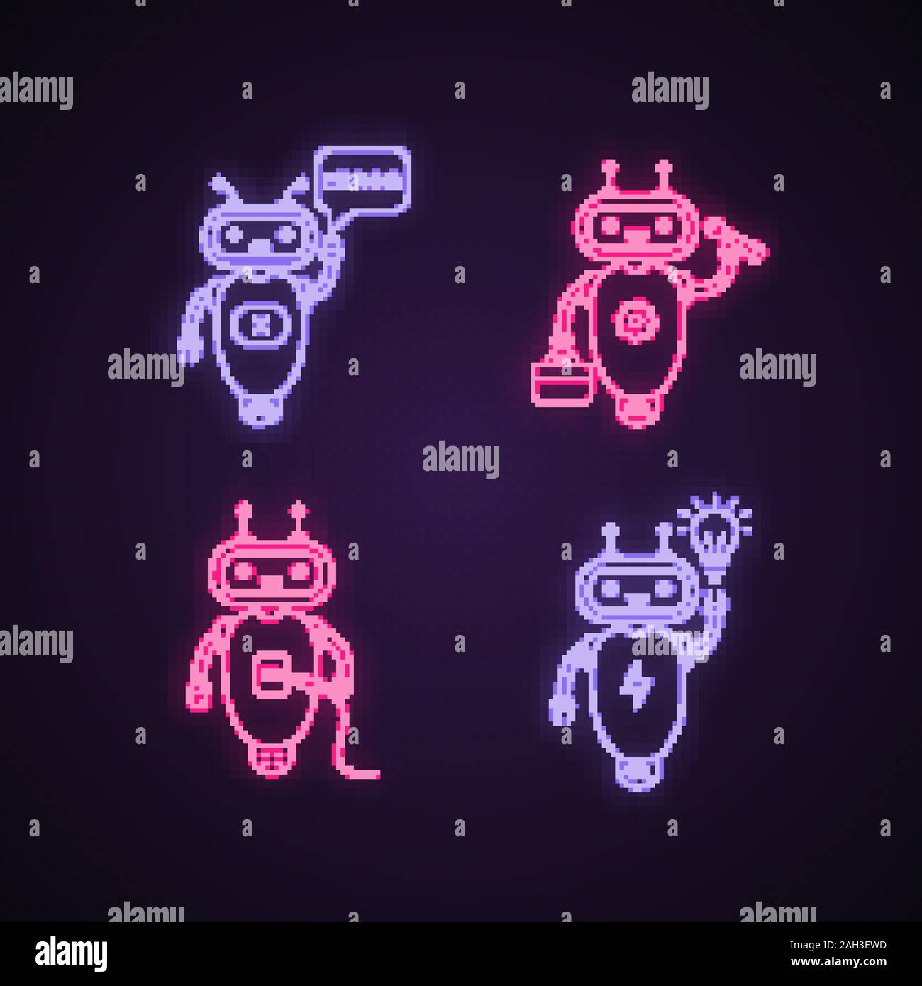 Chatbots neon light icons set. Talkbots. Virtual assistants. Error ...