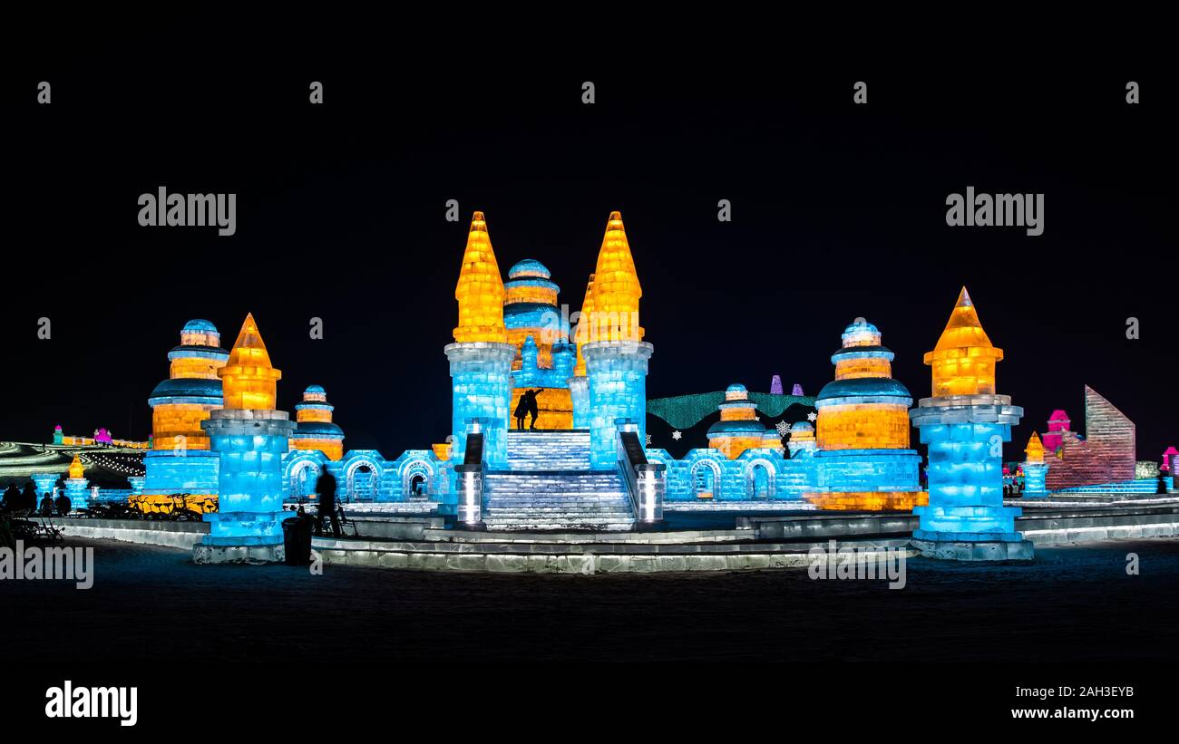 Night view of illuminated ice sculptures on display during the 21st ...