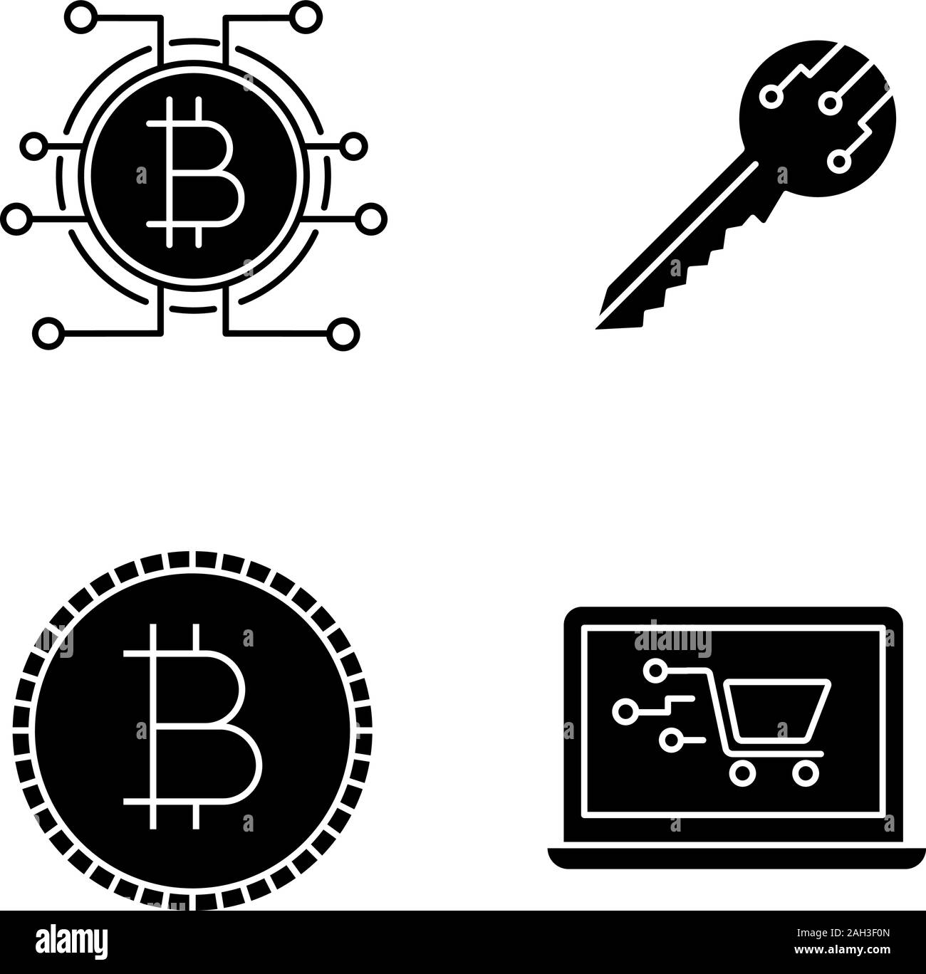 Bitcoin cryptocurrency glyph icons set. Digital key, bitcoin with ...