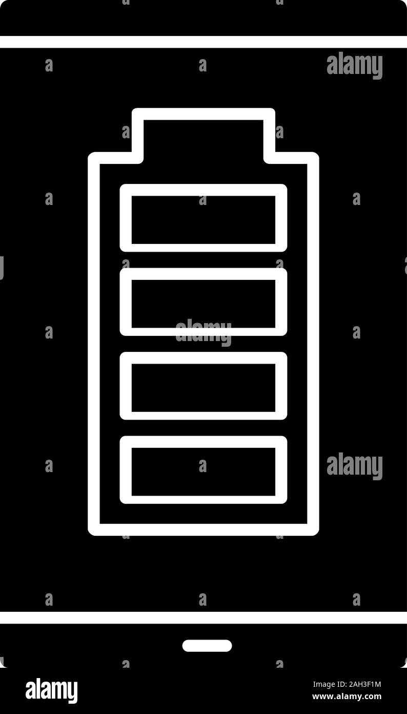Fully charged smartphone battery glyph icon. Mobile phone charge ...