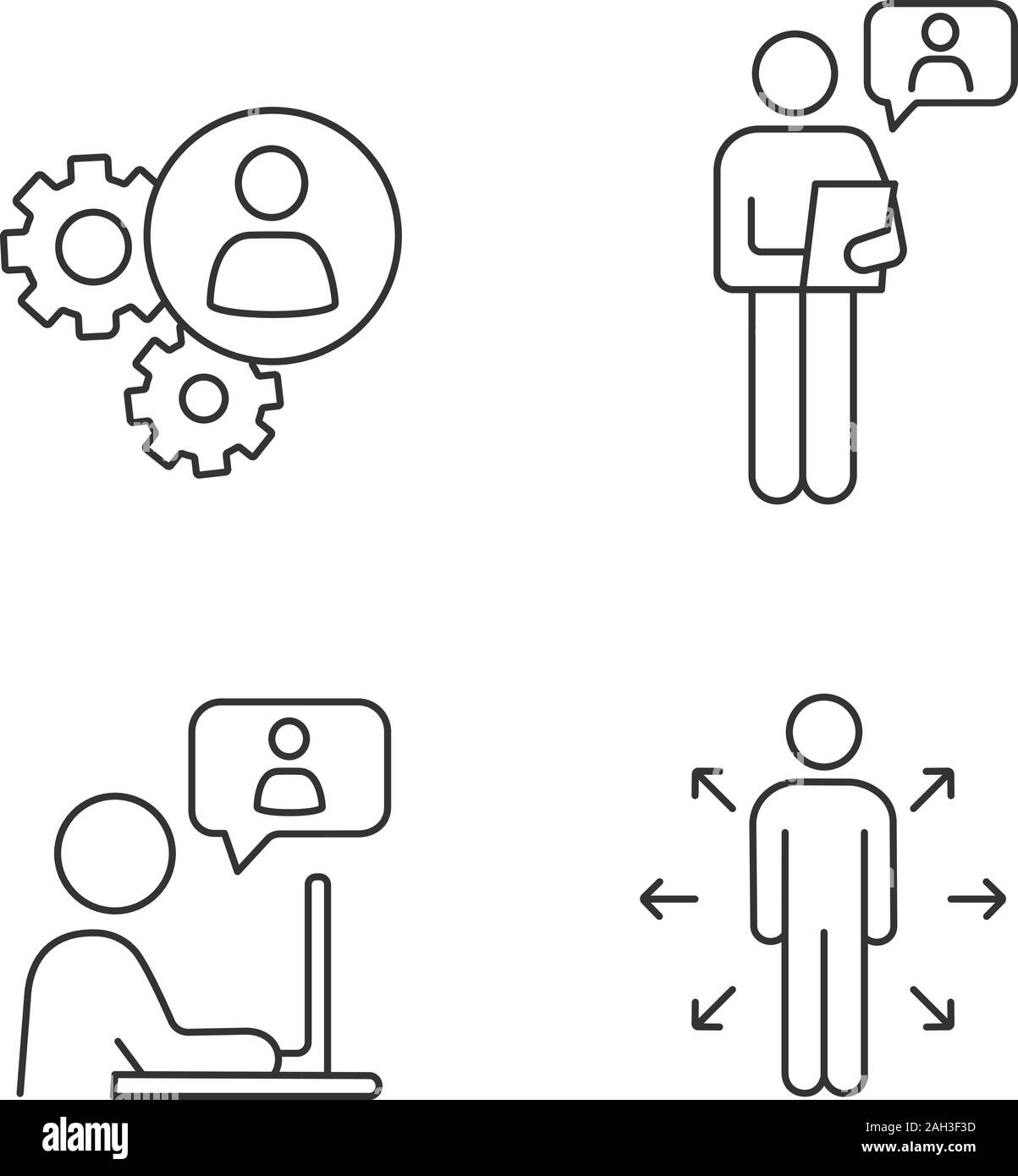 Business management linear icons set. Teamwork, online job interview ...