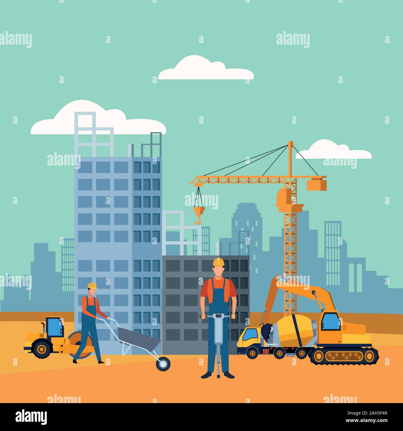 construction workers and trucks over under construction scenery Stock ...