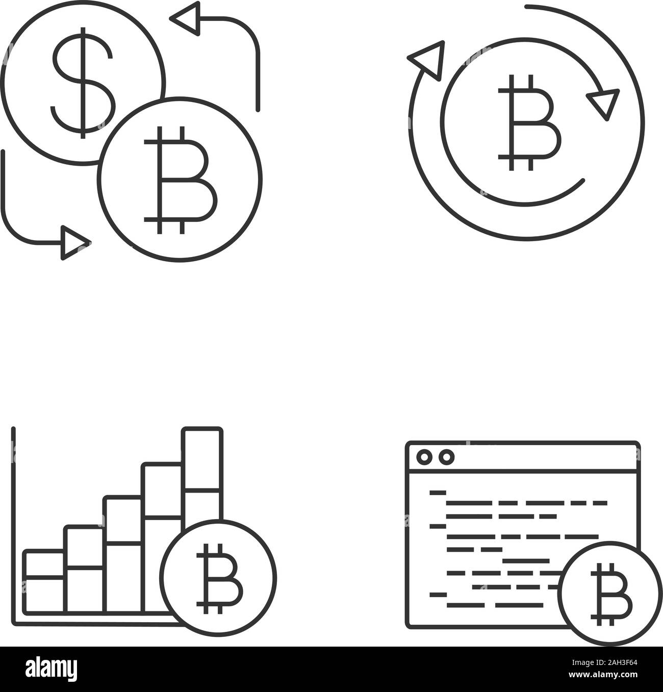Bitcoin cryptocurrency linear icons set. Currency exchange, bitcoin refund, market growth chart ...