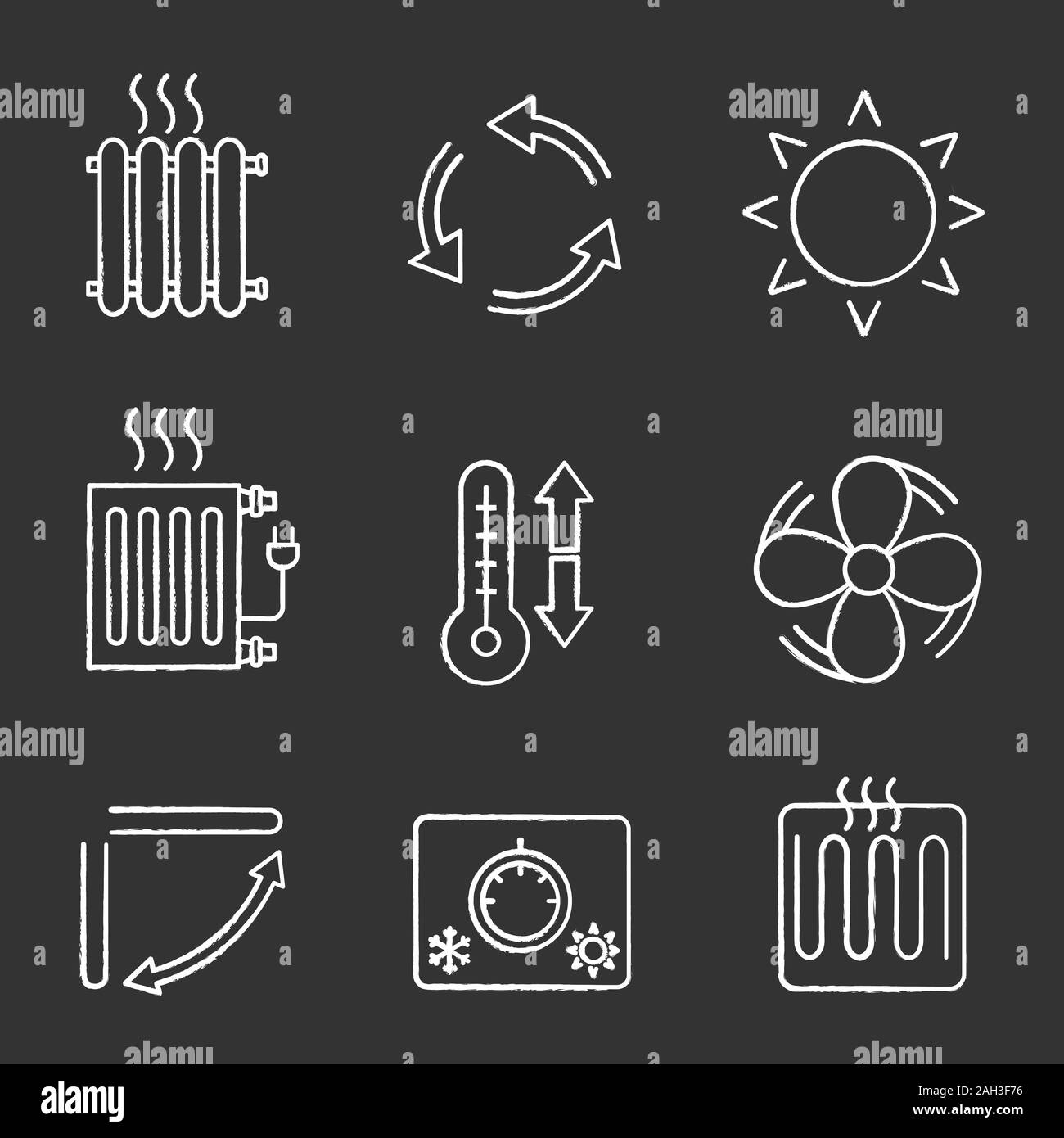 Air conditioning chalk icons set. Radiators, ventilation, sun, climate ...