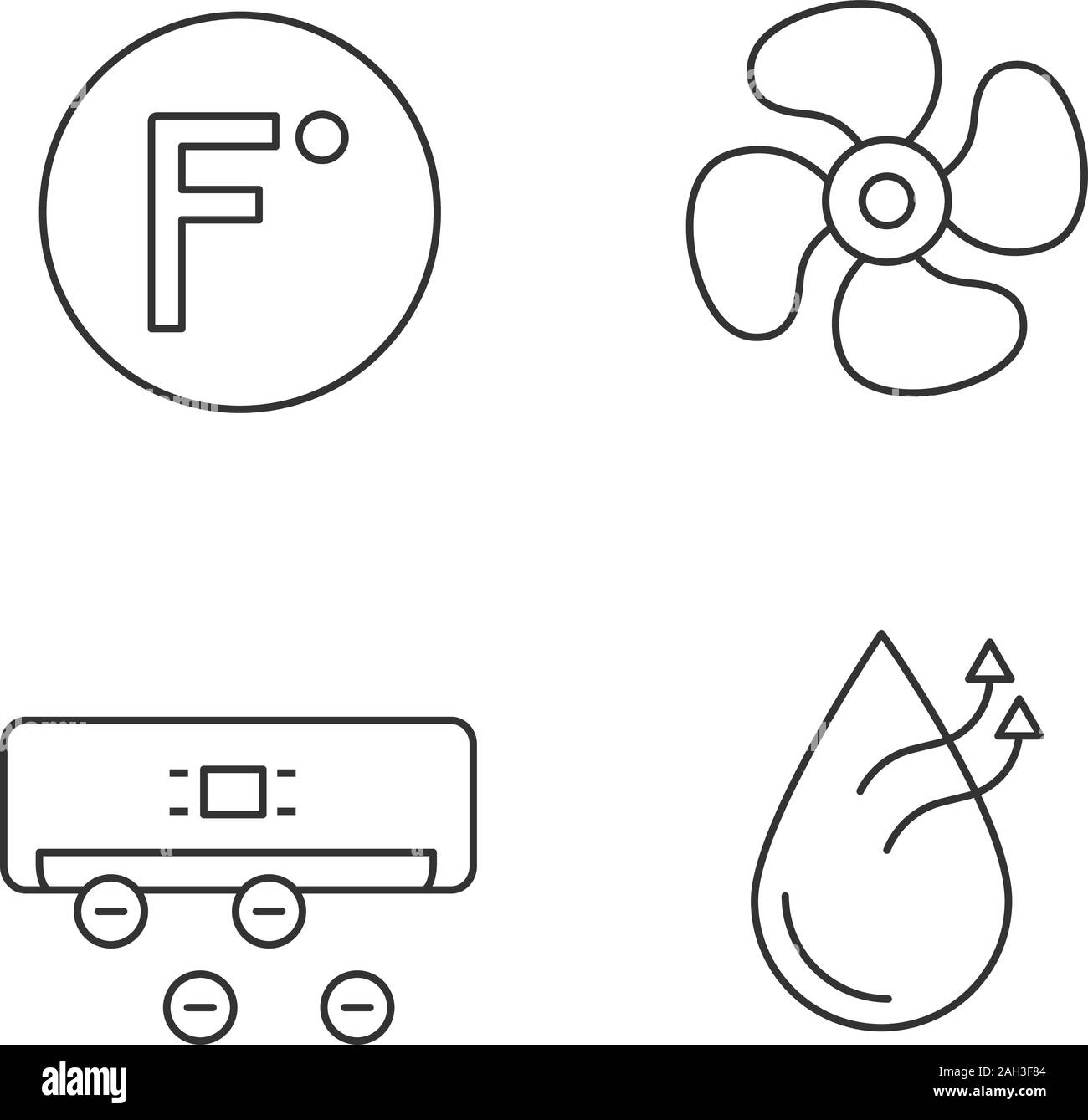 Air conditioning linear icons set. Fahrenheit degrees, exhaust fan ...