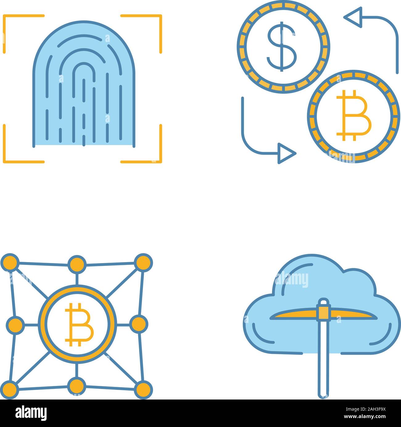 Bitcoin cryptocurrency color icons set. Fingerprint scanning, cloud ...