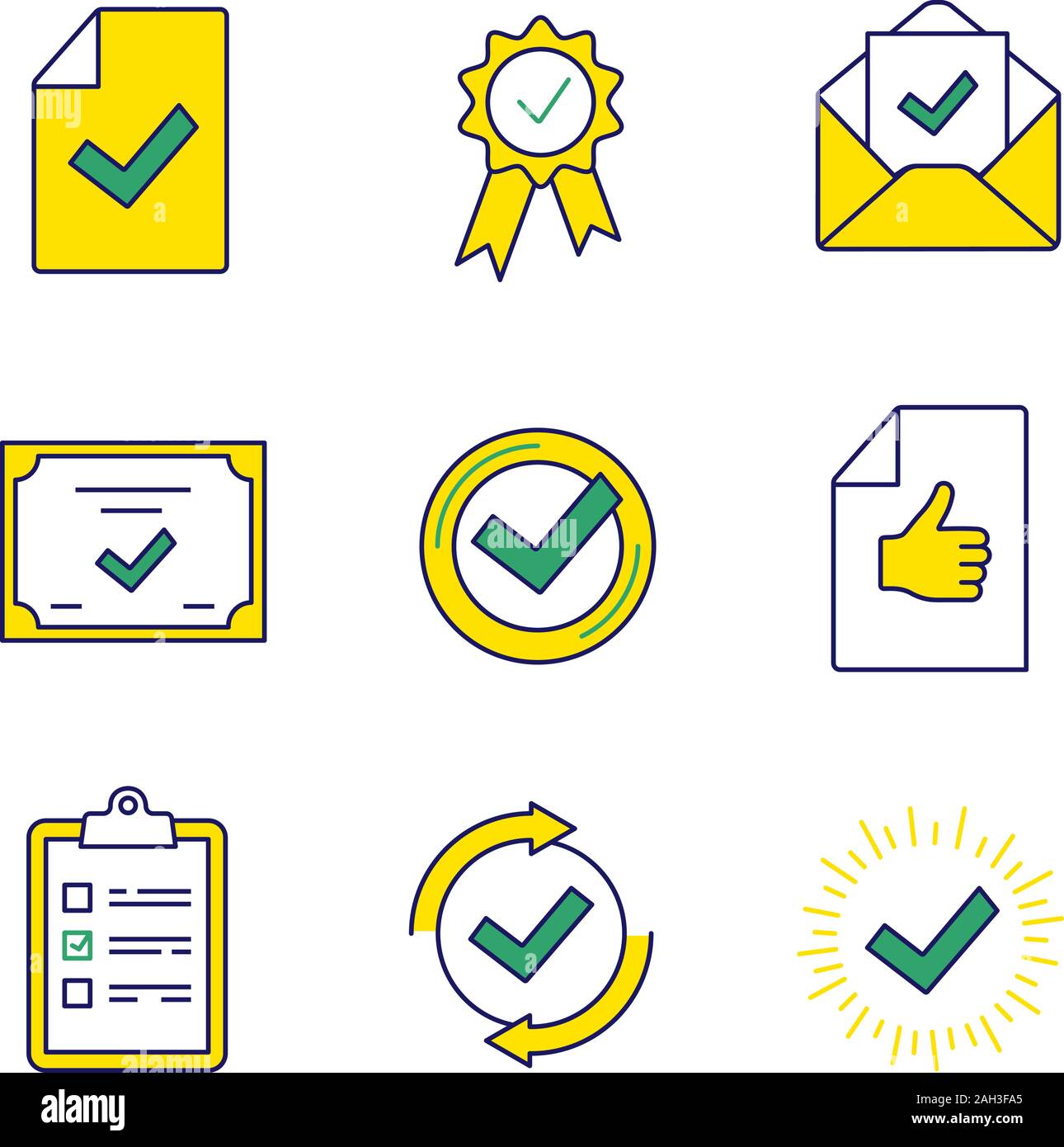 Approve color icons set. Document verification, award medal, email confirmation, certificate ...