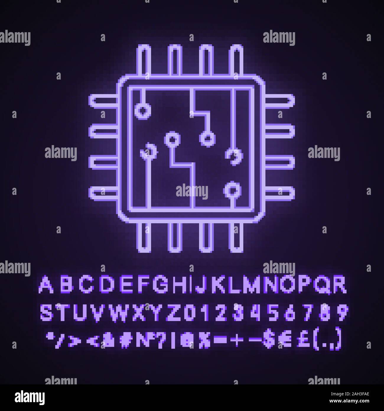 Computer chip neon light icon. Processor. Memory card. Central processing unit. Artificial ...