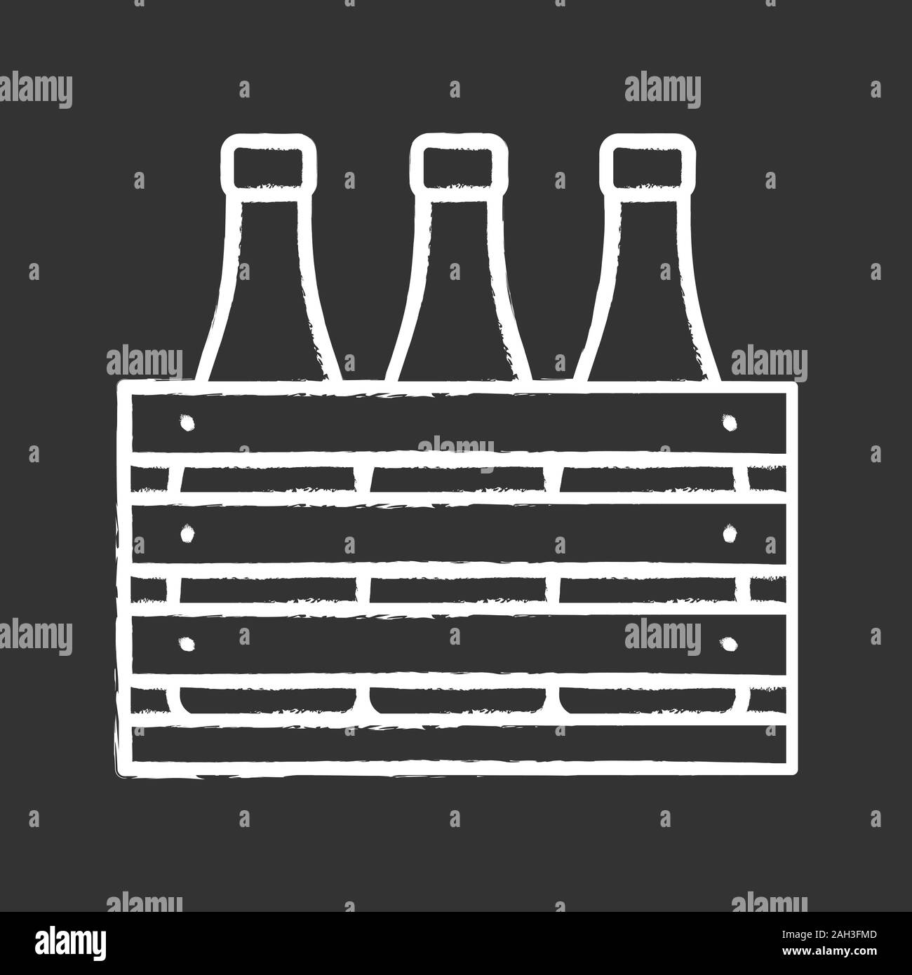 Beer case chalk icon. Wine or champagne bottles in wooden crate. Milk ...