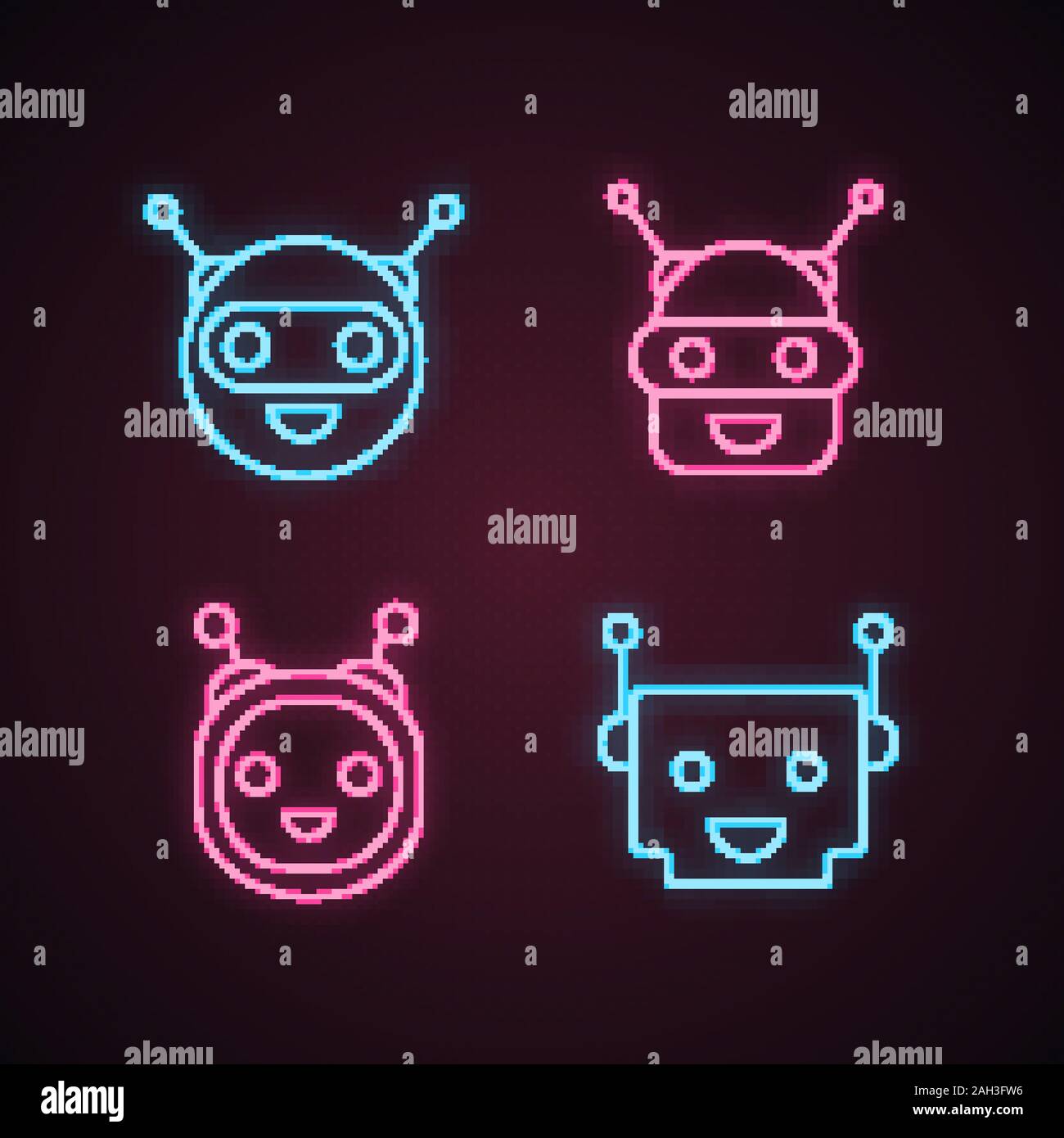 Chatbots neon light icons set. Talkbots. Laughing virtual assistants ...