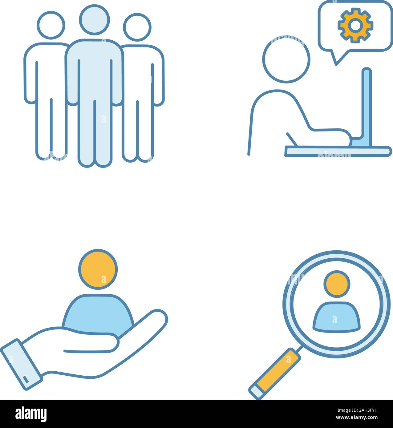 Business management color icons set. Team, technical support, staff ...