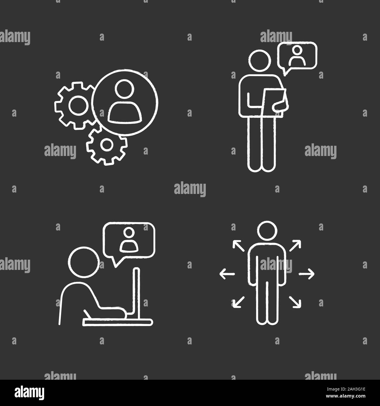 Business management chalk icons set. Teamwork, online job interview ...