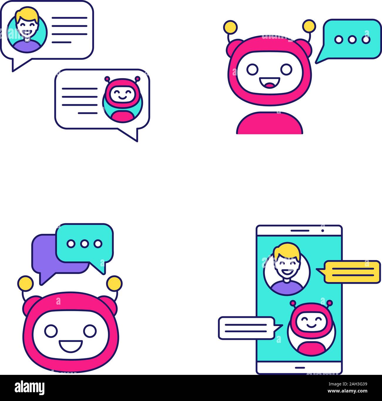 Chatbots color icons set. Virtual assistants. Messenger and chat bots ...