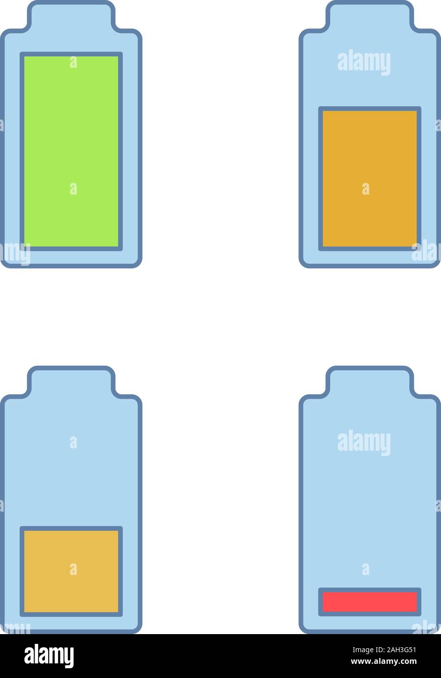 Battery charging color icons set. Battery level indicators. Low, middle ...