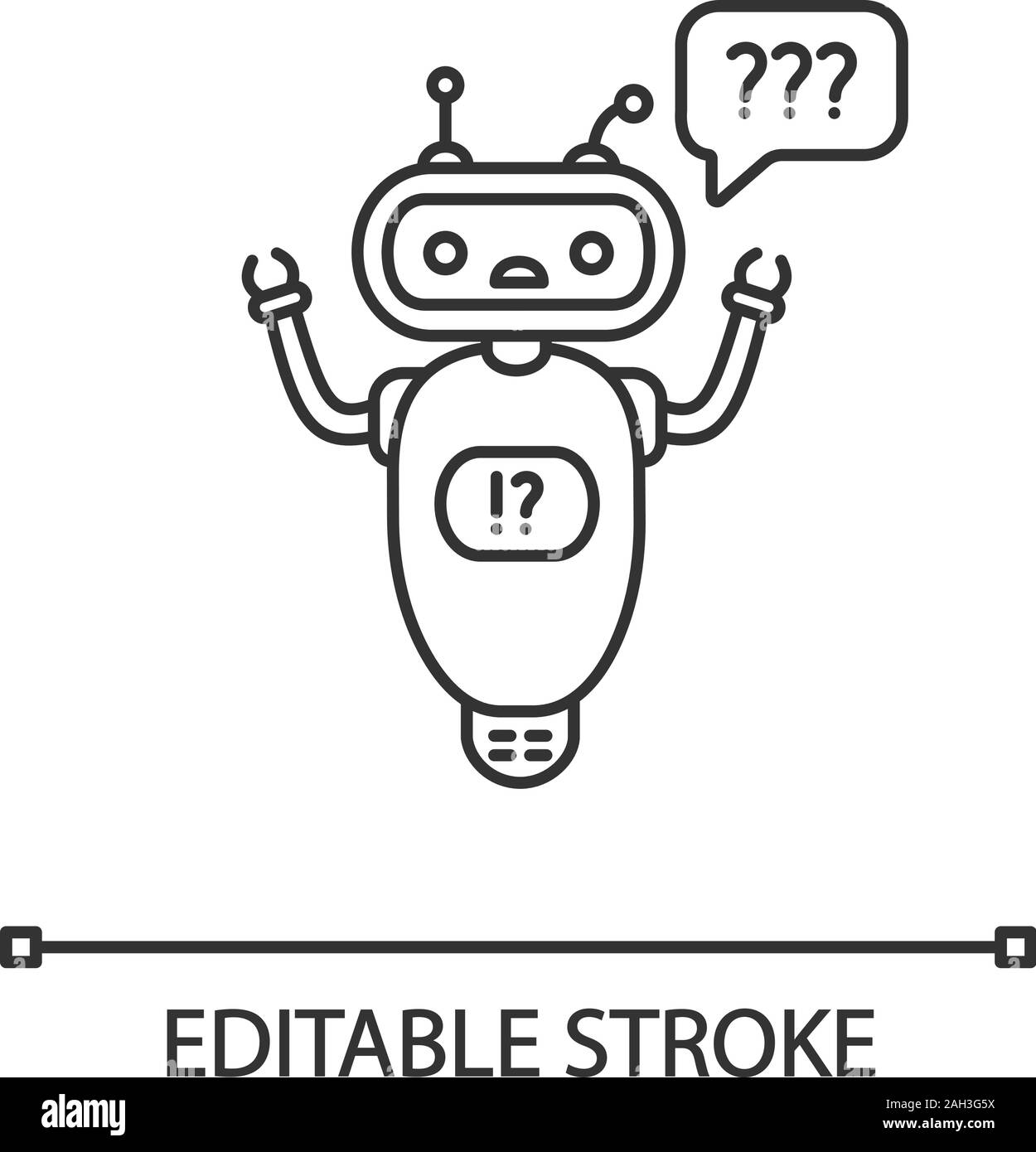 Help chatbot linear icon. Thin line illustration. FAQ chat bot. Bewildered robot with question ...
